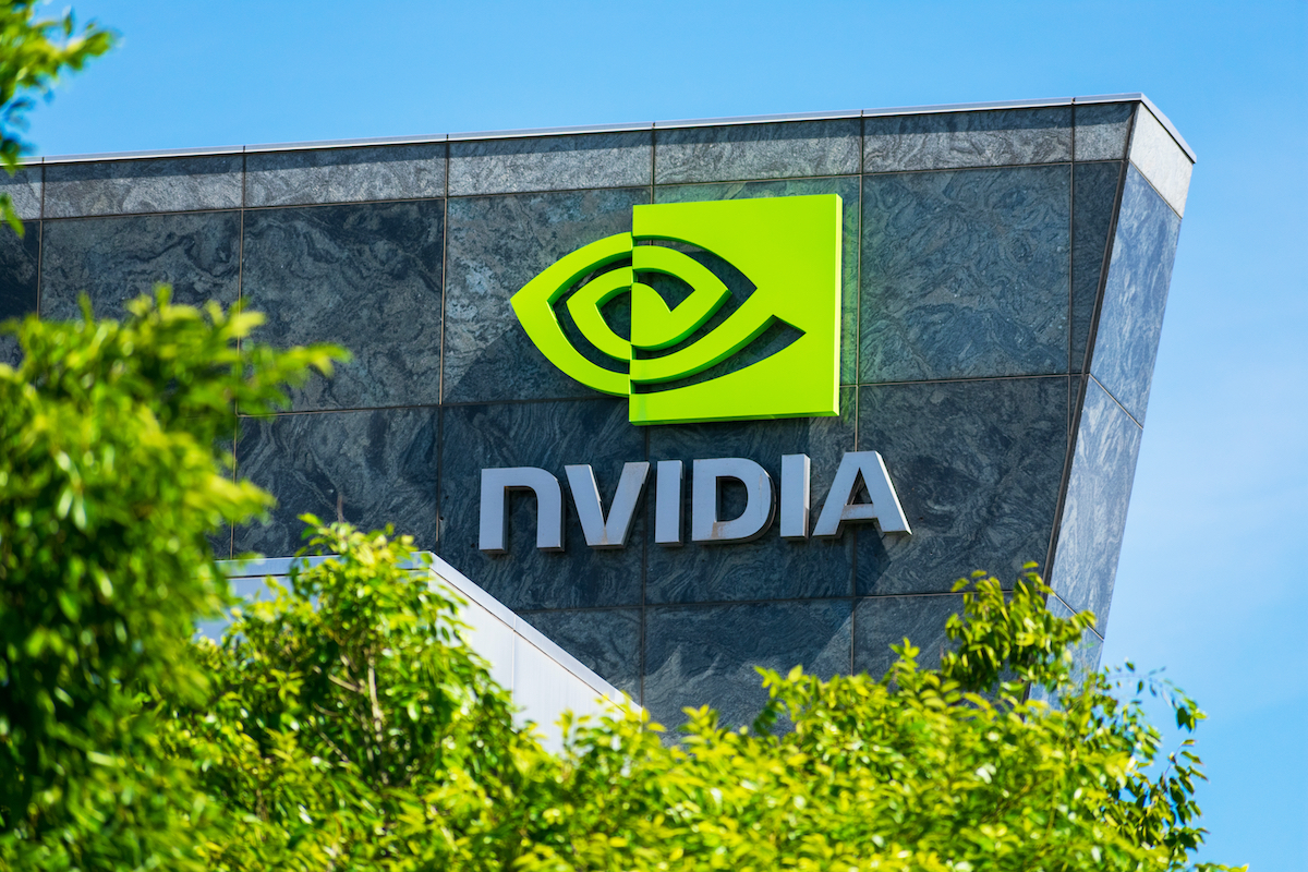 Nvidia,Logo,And,Sign,On,Headquarters.,Blurred,Foreground,With,Green ...
